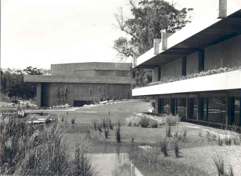 View over the garden adjacent to the east facade of the auditorium and ...